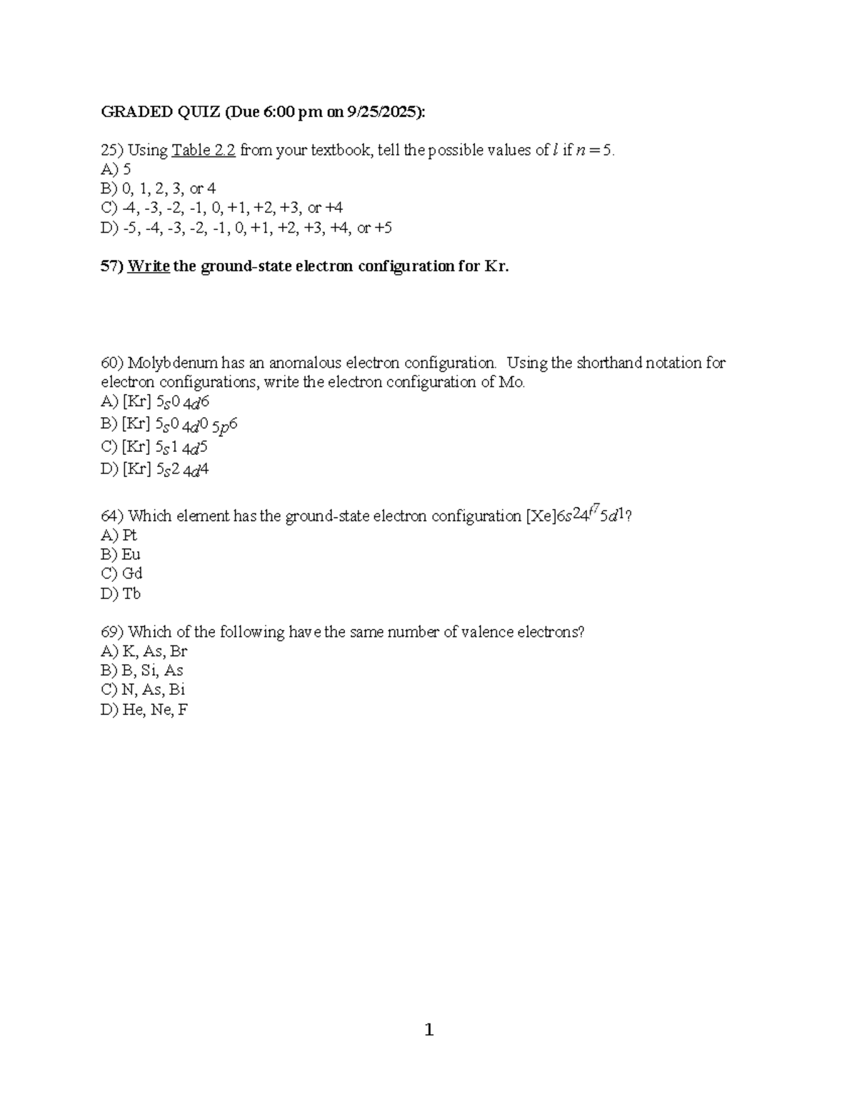 Graded Quiz on Electron Configurations & Valence Electrons (Chem 101 ...