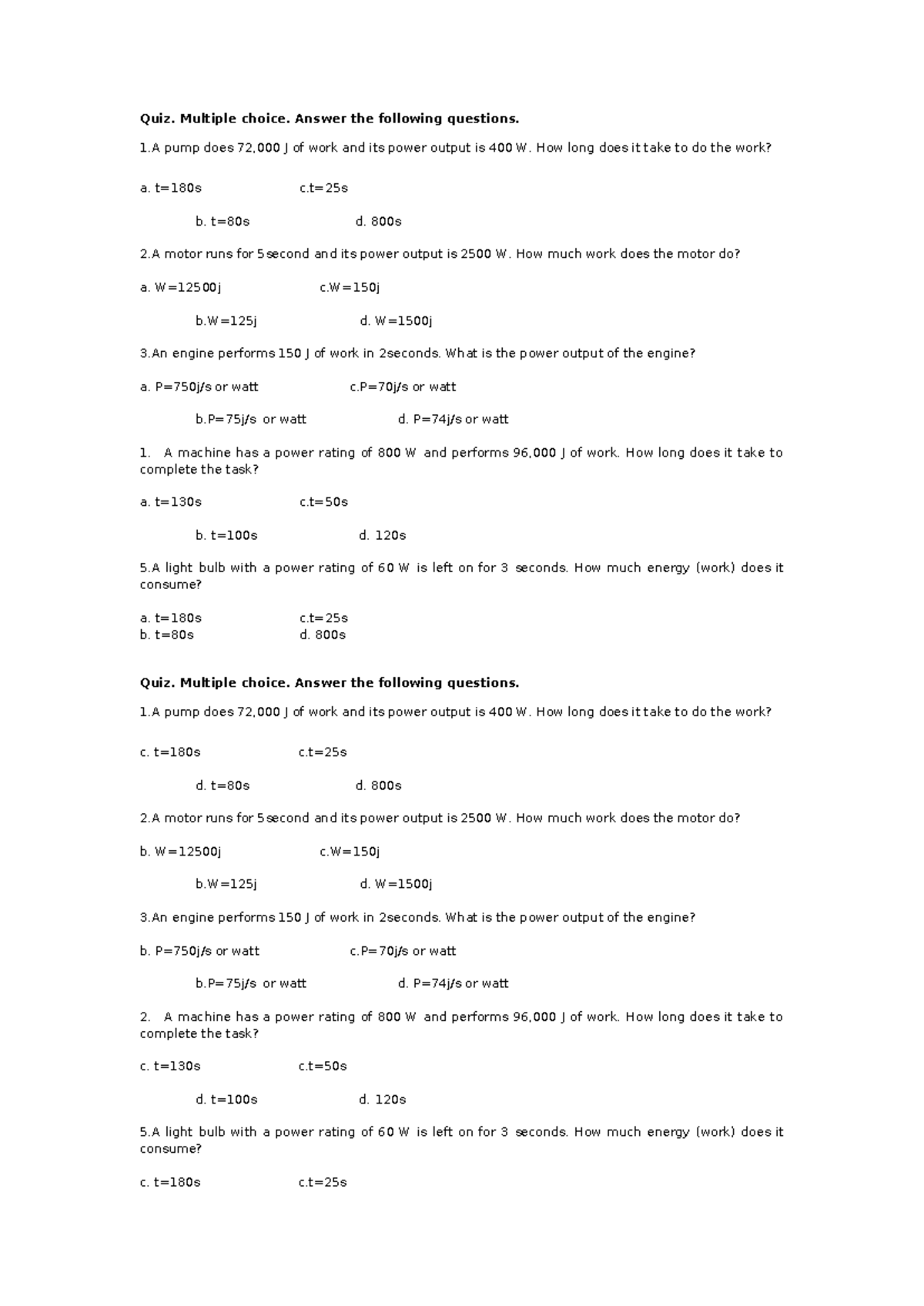 Quiz: Physics Power & Work MCQs for DEMO - Studocu