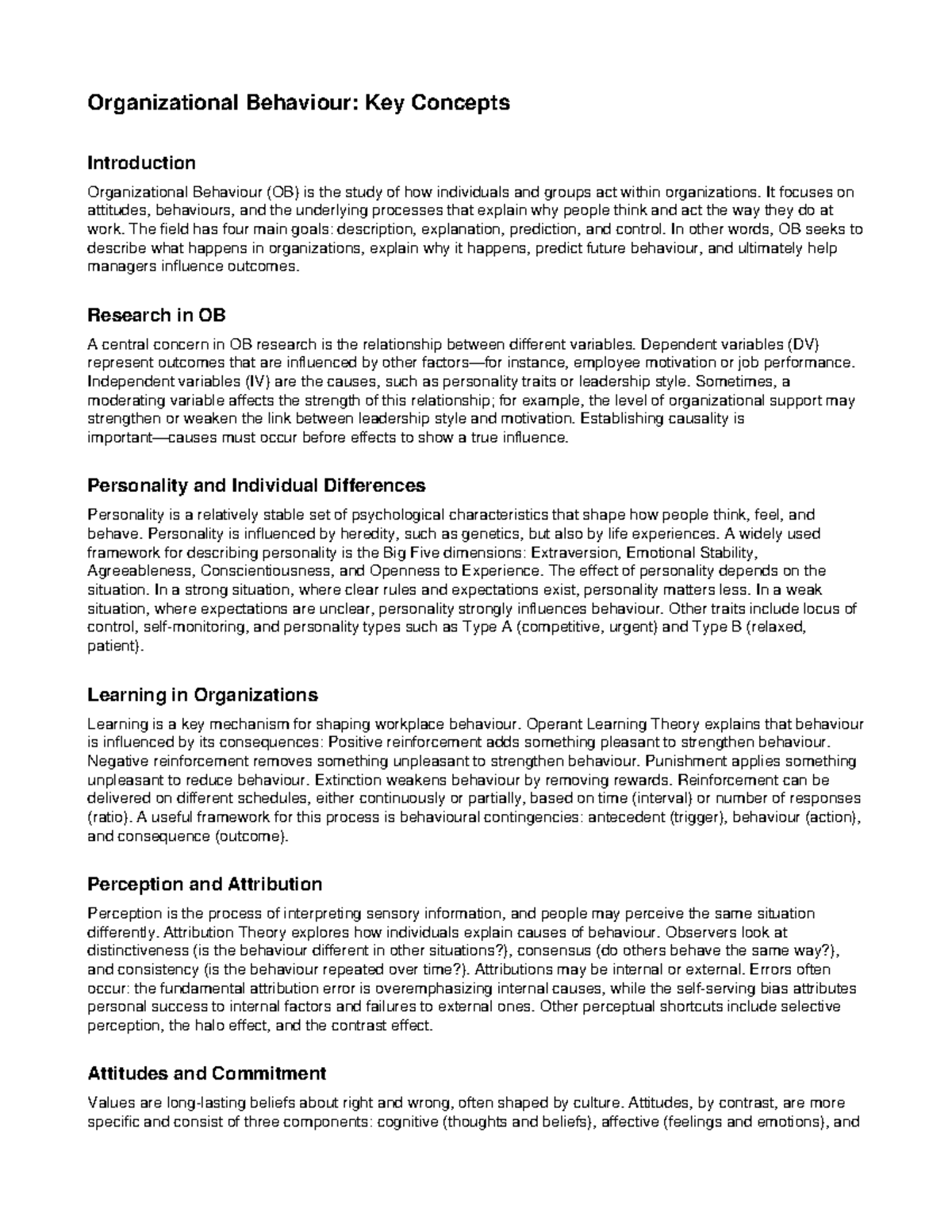Organizational Behaviour: Key Concepts Overview (OB) - Studocu