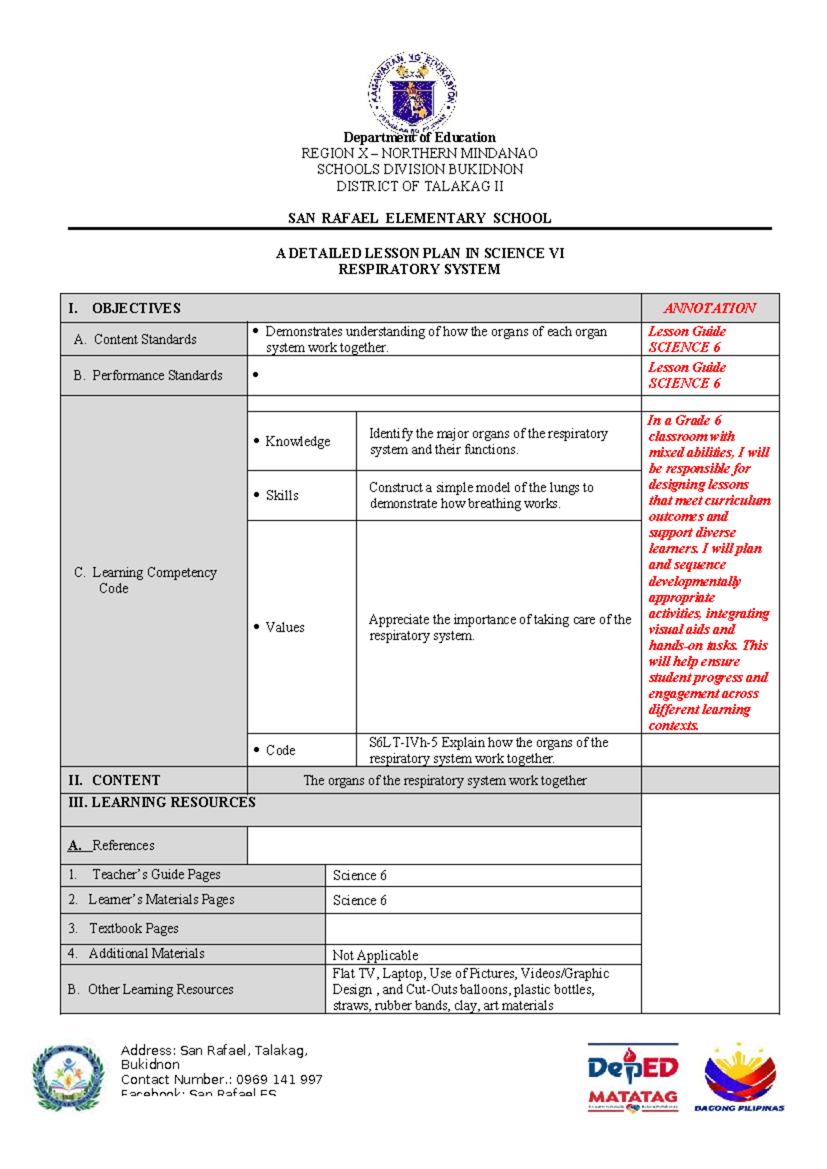 Detailed Lesson Plan in Science VI: Respiratory System (Science 6 ...