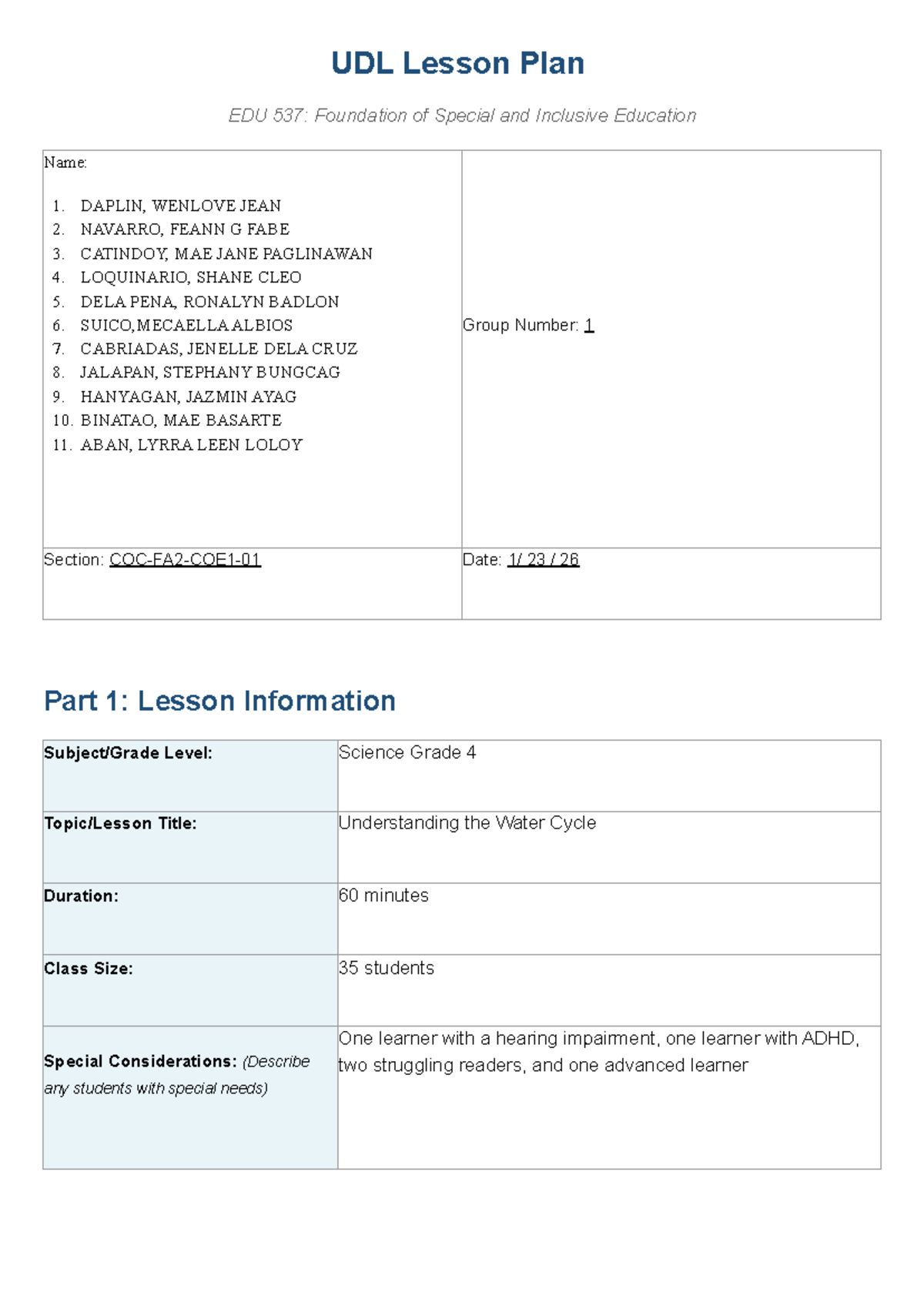 UDL Lesson Plan for Science Grade 4: Understanding the Water Cycle EDU ...