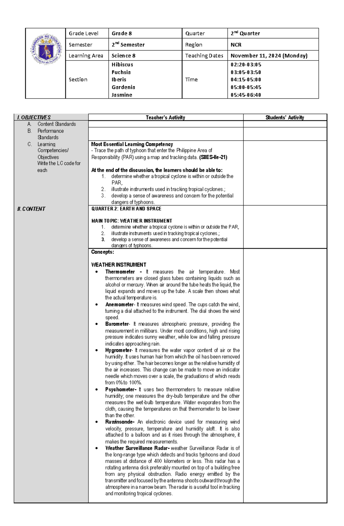 DLPP 8 WEEK 6 Weather Instrument Classification - Grade Level Grade 8 ...