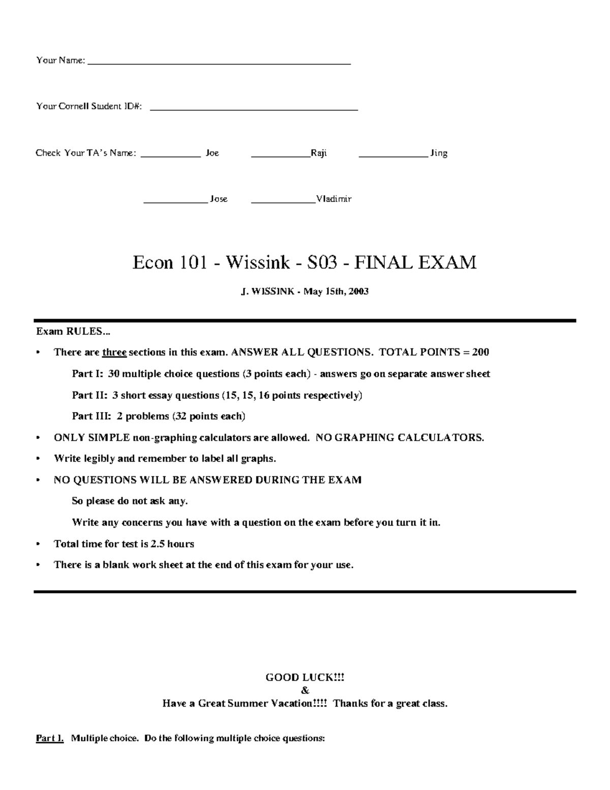 Econ 101 - Wissink - S03 - Final Exam Review Guide - Studocu