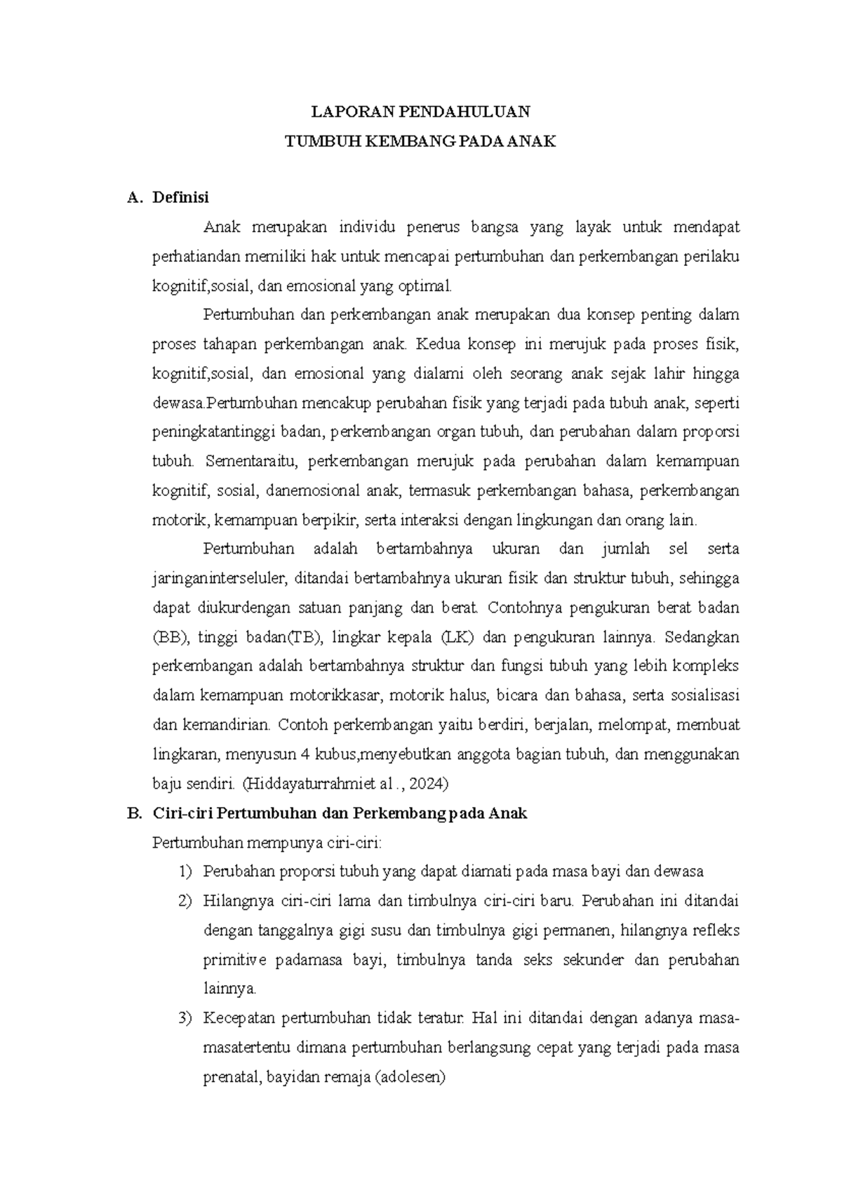 LAPORAN PENDAHULUAN TUMBUH KEMBANG ANAK (SDKI) - Studocu