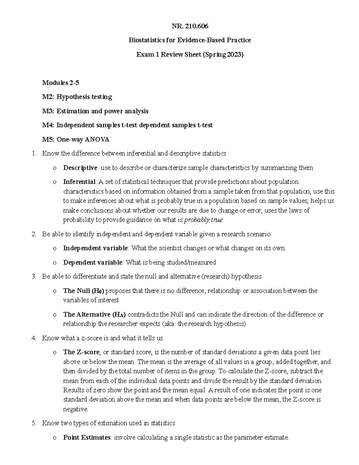 Exam 1 Review Sheet Spring 2023 - NR. 210. Biostatistics for Evidence ...