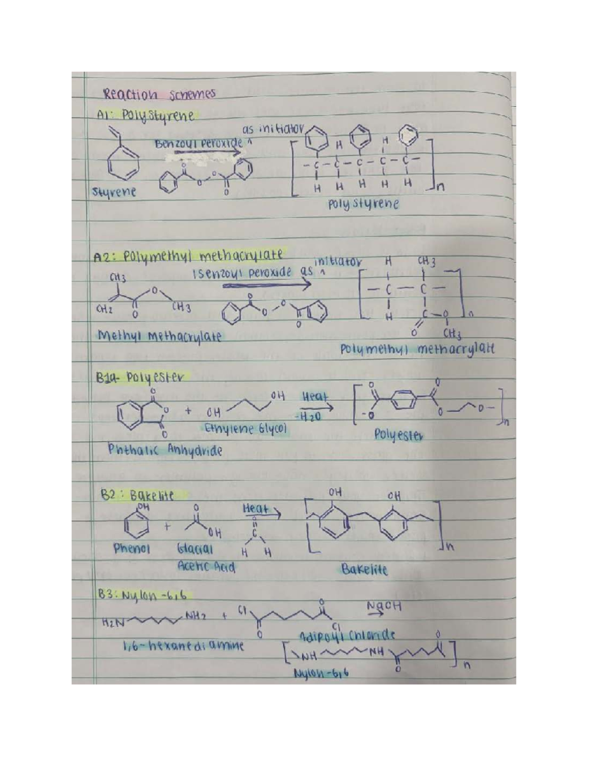 Reaction Schemes A1-A3: Polystyrene, PMMA, Bakelite, Nylon - Studocu