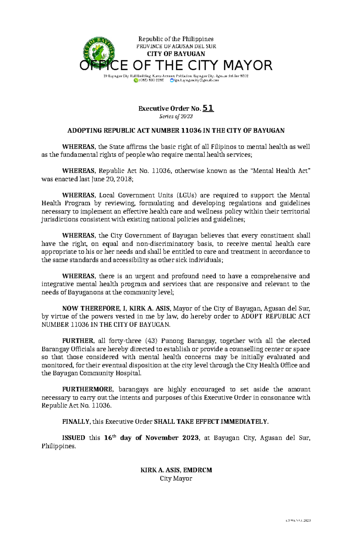 EO 51: Adoption of Mental Health Act in Bayugan City, 2023 - Studocu