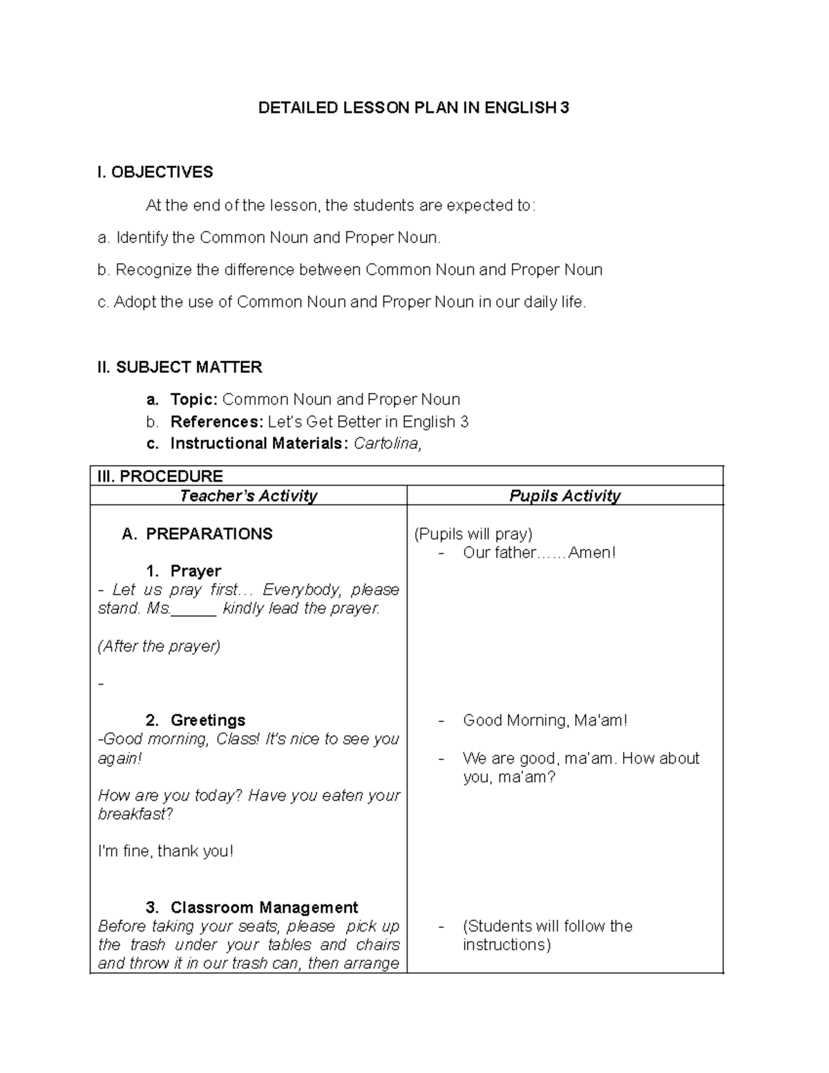 Detailed Lesson Plan: Common and Proper Nouns (Eng 3) - Studocu