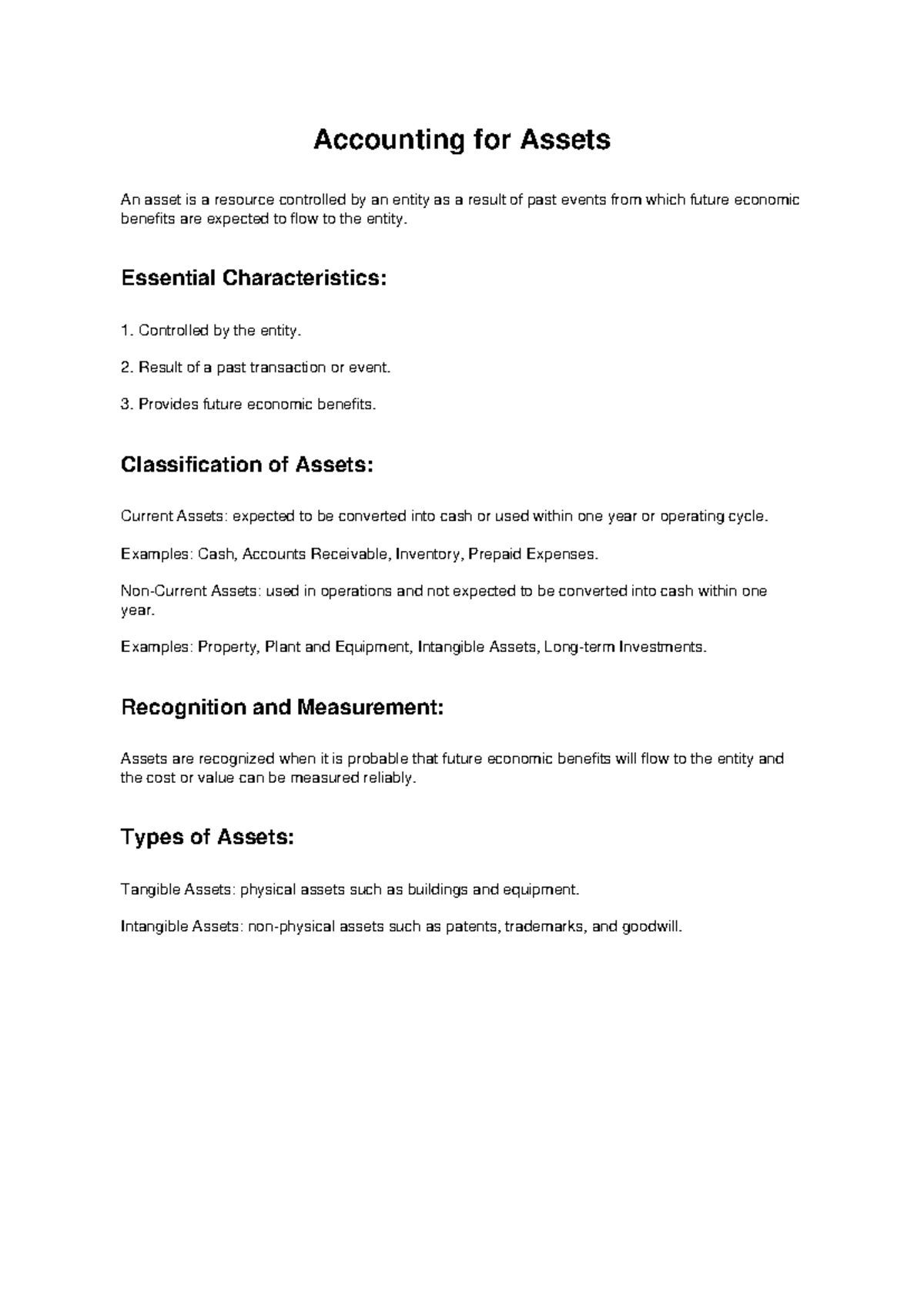 Accounting for Assets: Concept Notes on Asset Classification and ...
