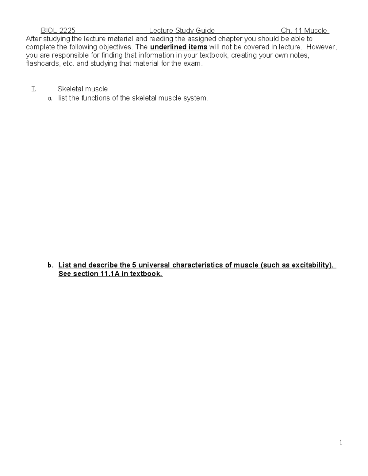 BIOL 2225 Lecture Study Guide: Ch. 11 Skeletal Muscle and Contraction ...