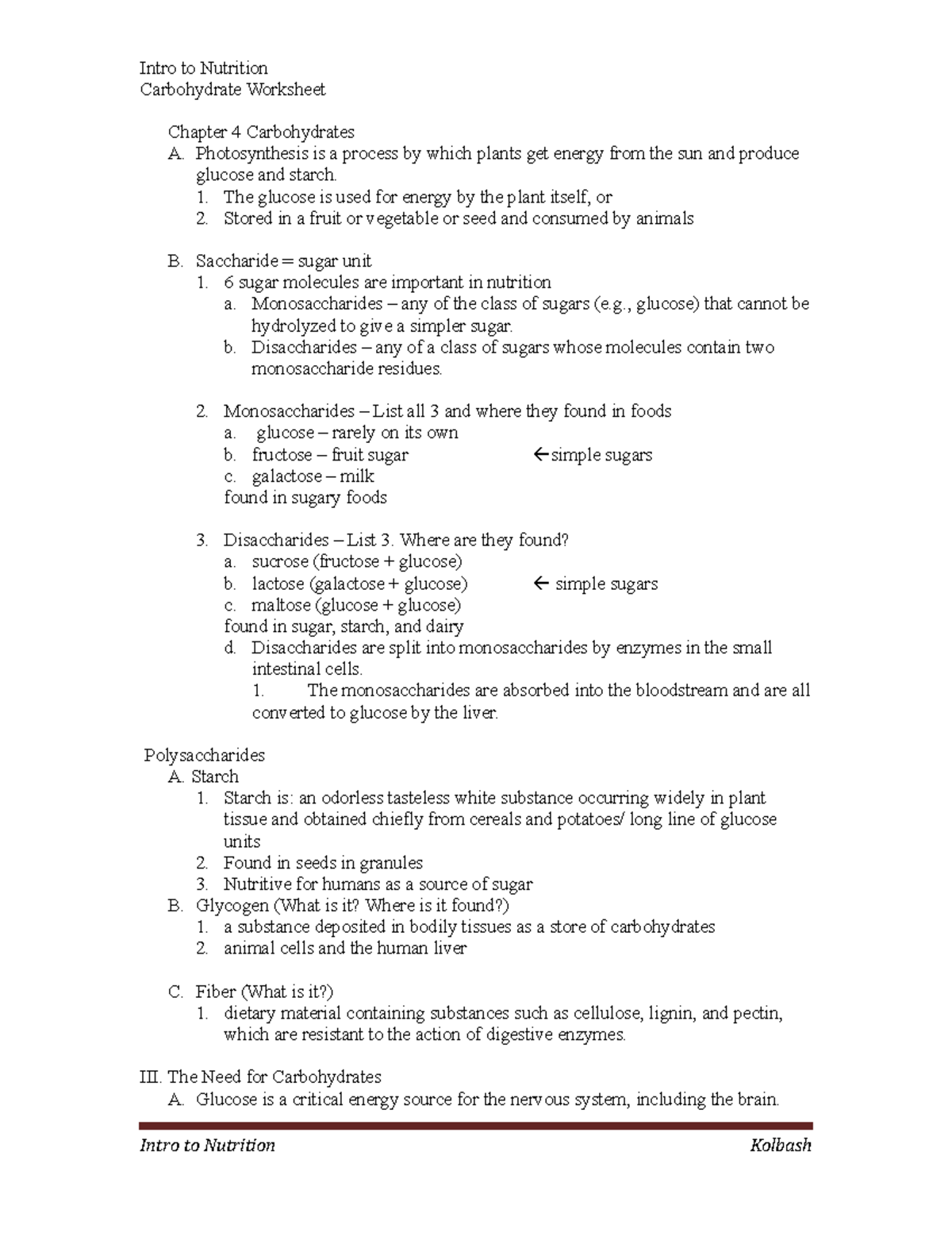 Ch. 4 Nutrition Notes: Carbohydrates Worksheet and Key Concepts - Studocu