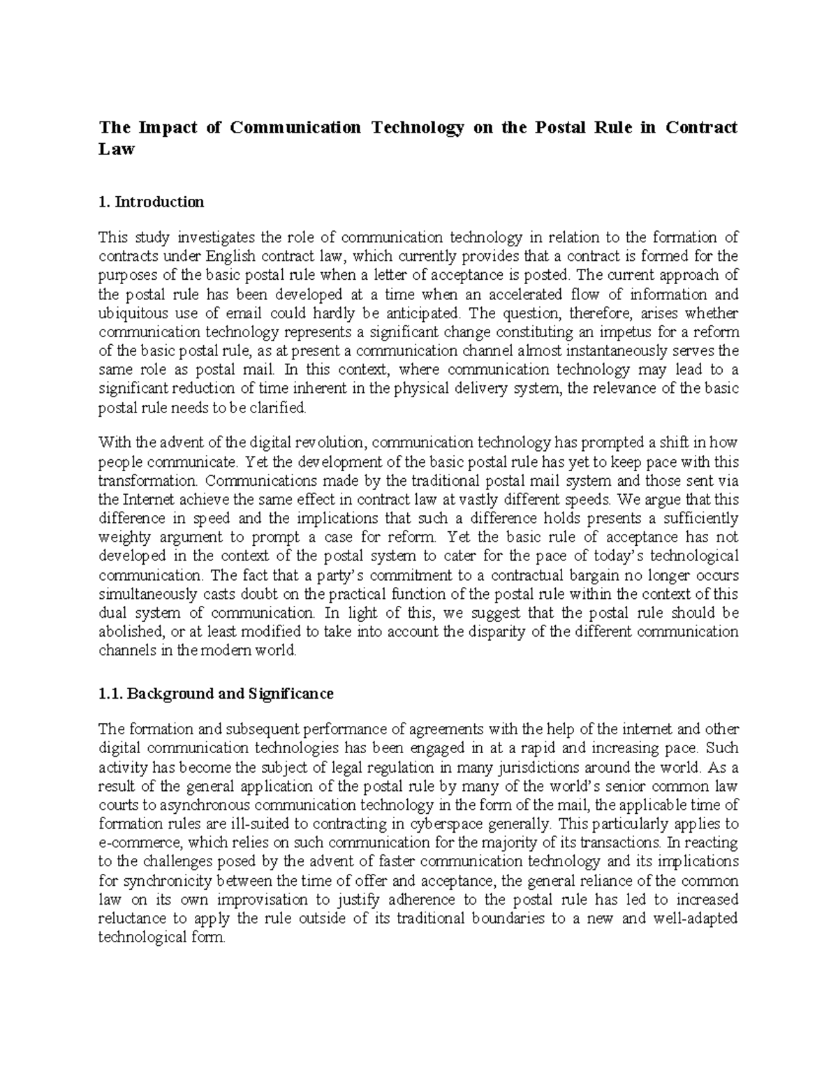 The Impact of Comms Tech on the Postal Rule in Contract Law: A Review ...