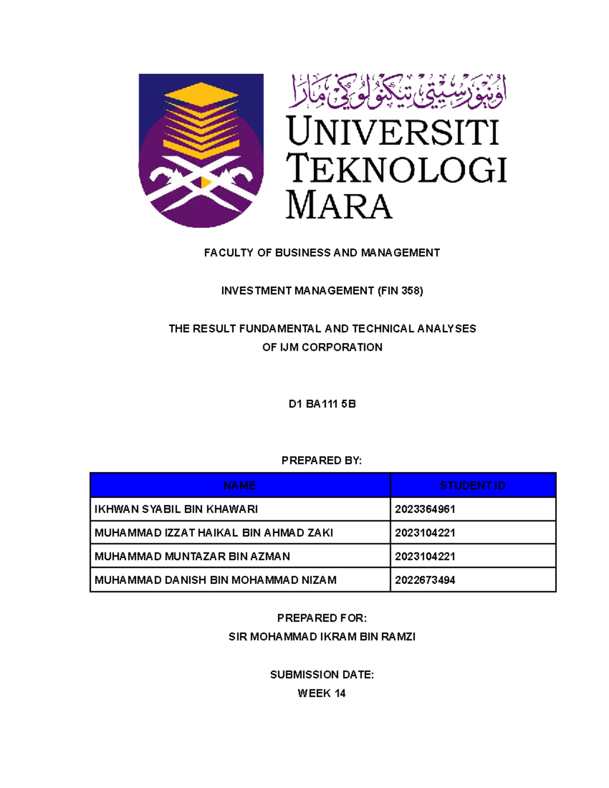 FIN 358 Group Report: Fundamental & Technical Analysis of IJM Corp ...