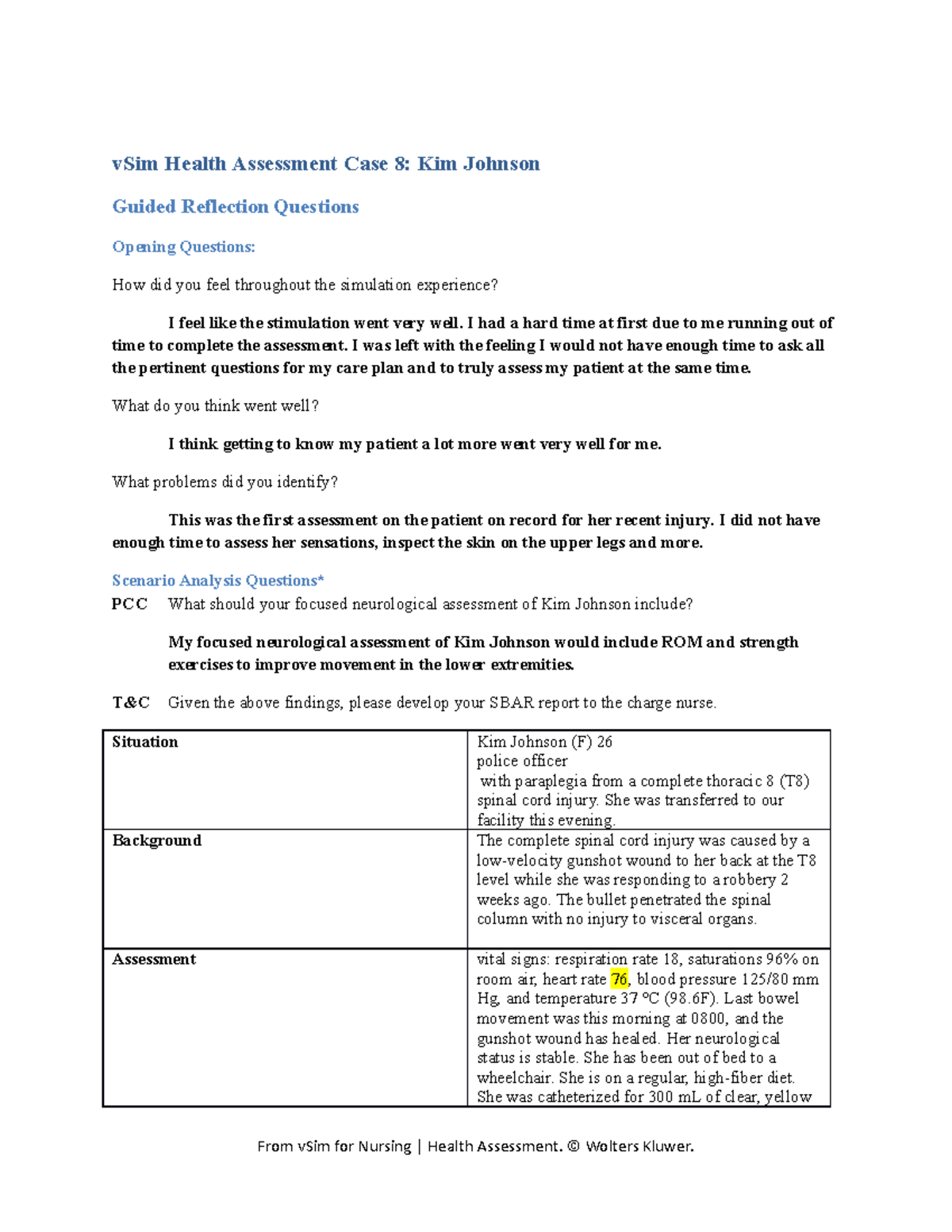 vSim Nursing Health Assessment Case Study: Kim Johnson - Studocu