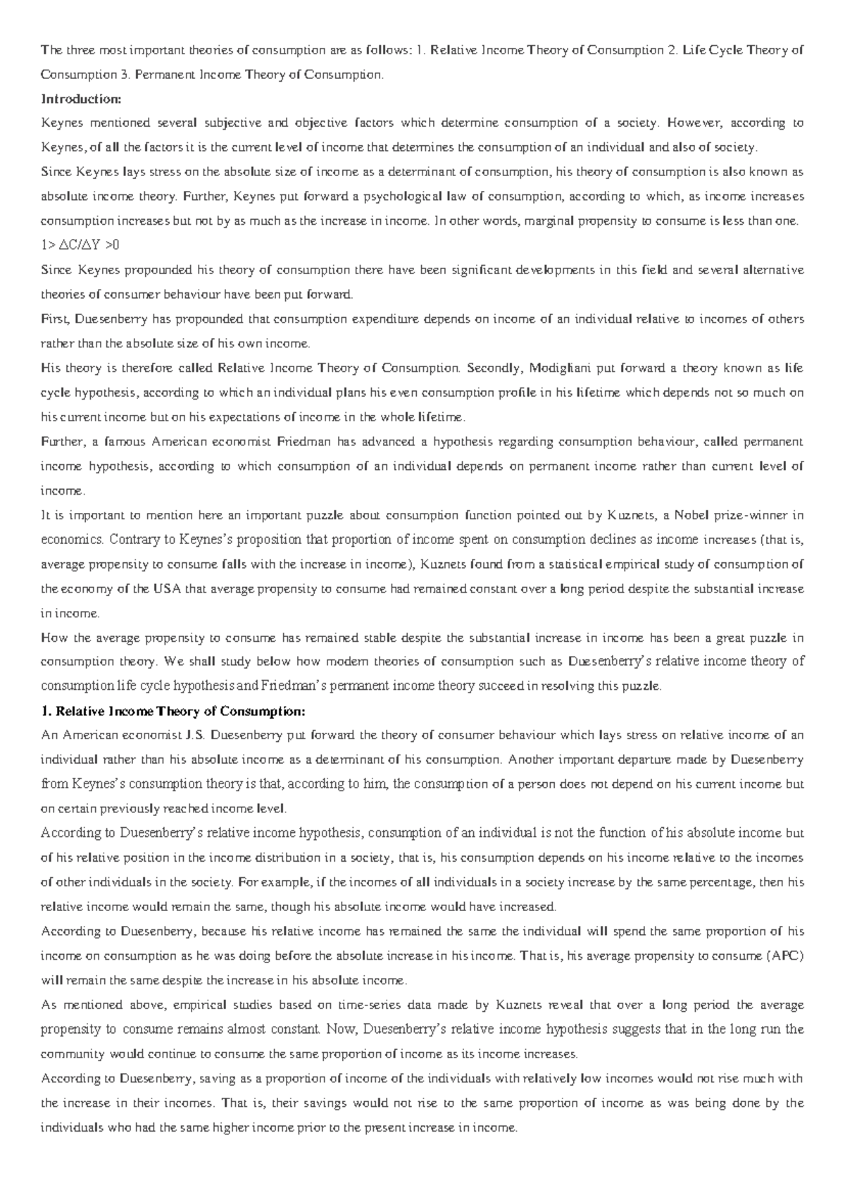 Theories of Consumption - Relative Income Theory of Consumption 2. Life ...