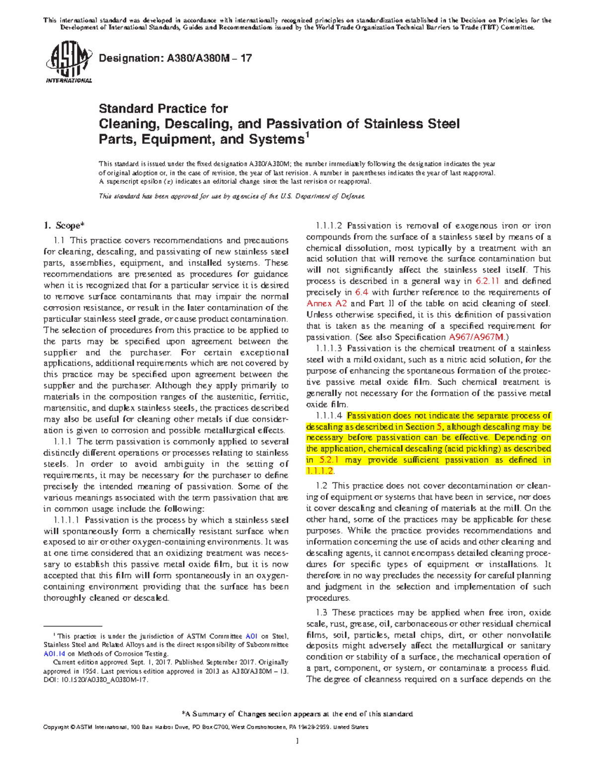 Astm A380 A380M 2017 Cleaning Descaling And Passivation Of Stainless ...