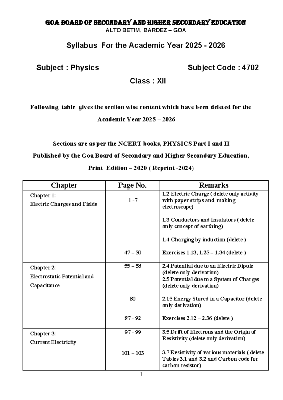 XII Physics Syllabus & Exam Pattern 2025-2026 (Code: 4702) - Studocu
