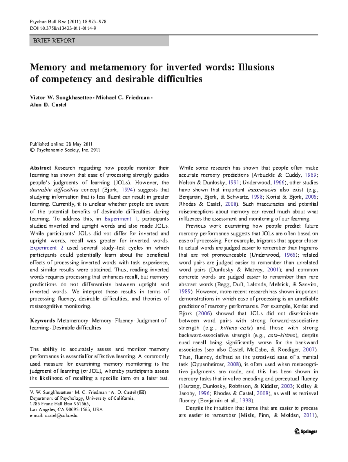Memory and Metamemory: JOLs for Inverted Words (Psychon Bull Rev) - Studocu
