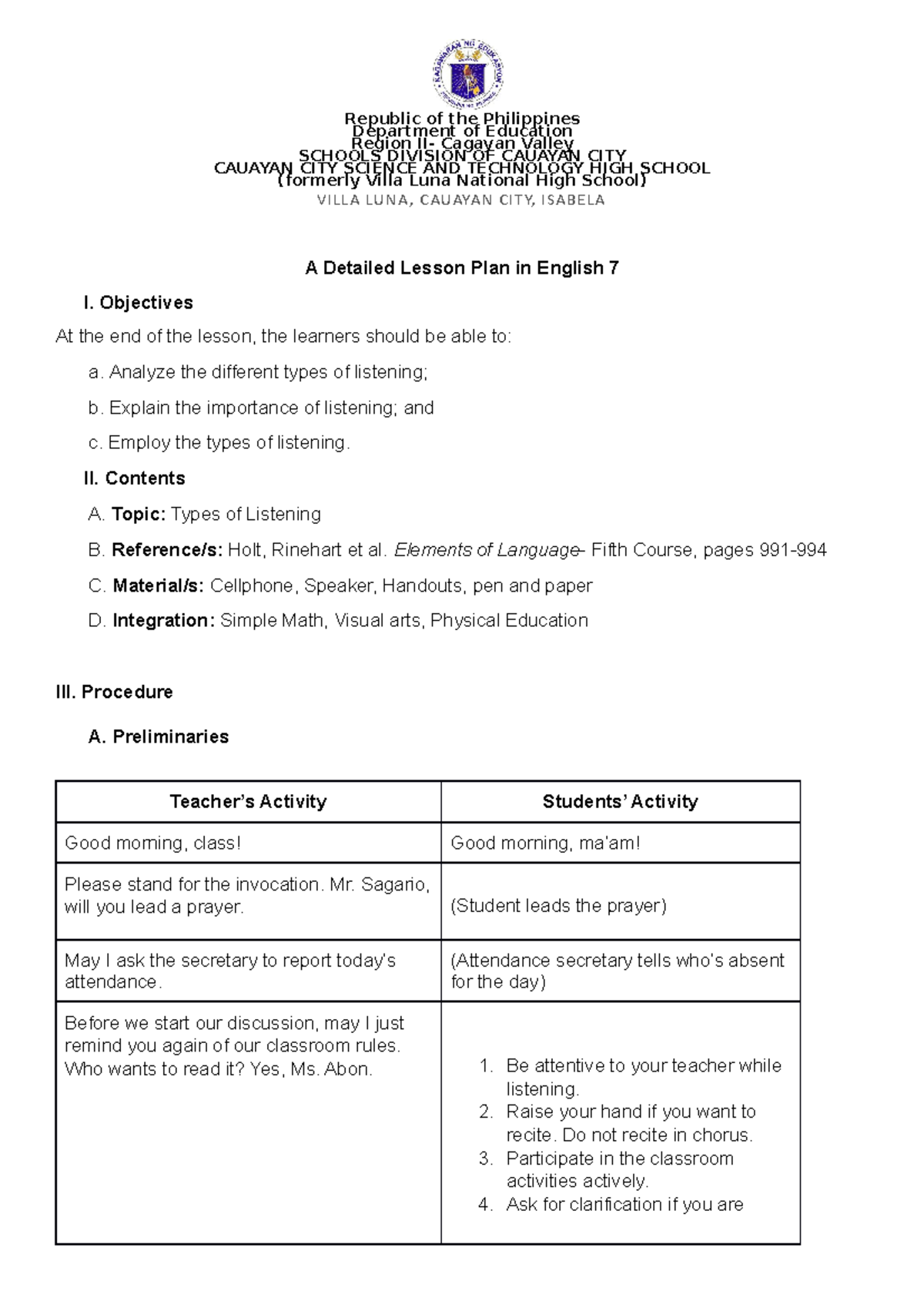 Detailed Lesson Plan on Types of Listening for English 7 (DLP) - Studocu