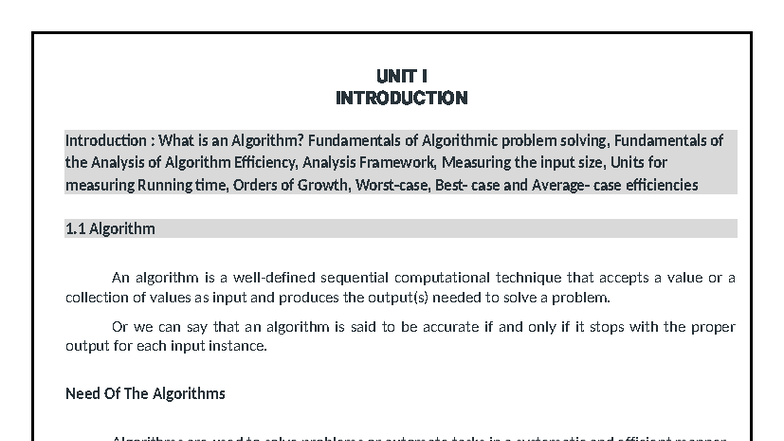 Unit I - Introduction to Algorithms: Design & Analysis Fundamentals ...