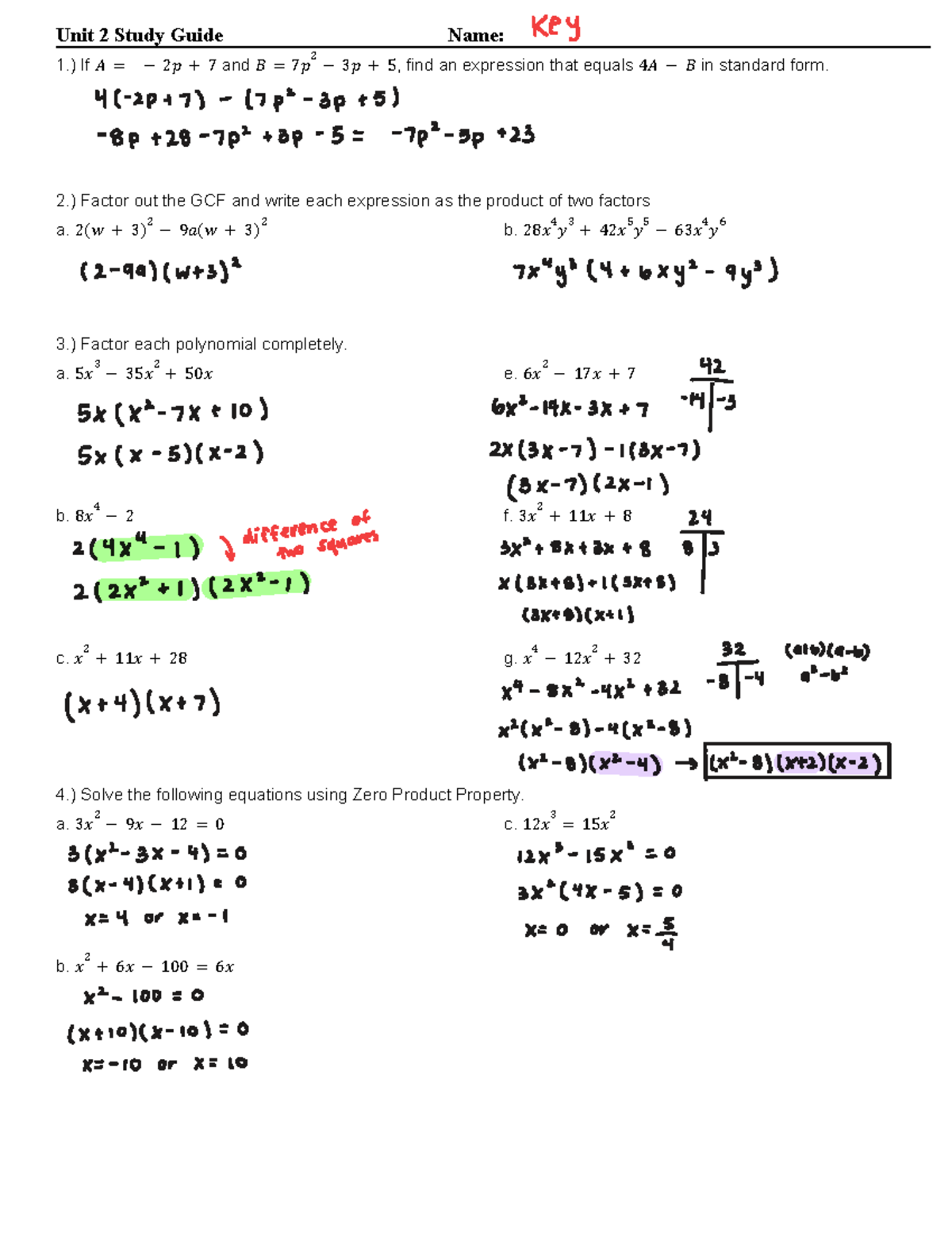 Unit 2 Study Guide: Factoring & Solving Equations in Algebra - Studocu