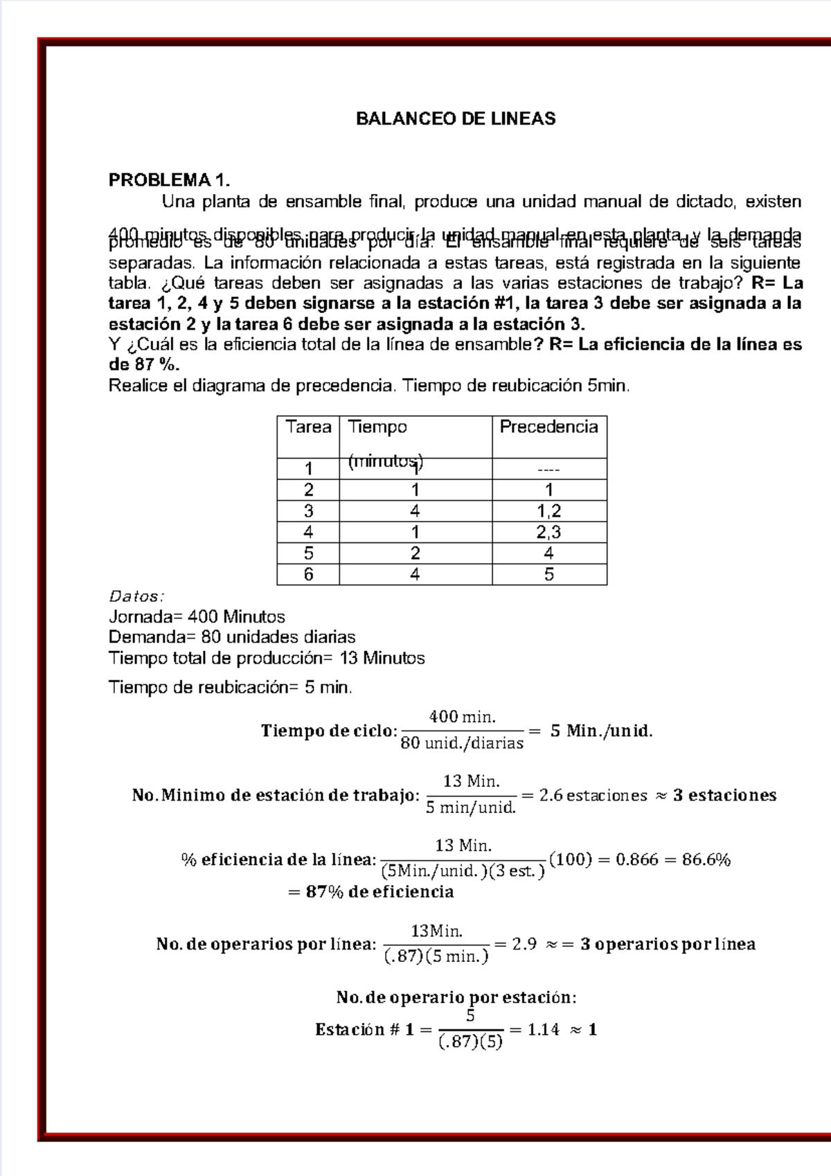 Balanceo de Líneas de Ensamble: Problemas y Soluciones (ING-101) - Studocu