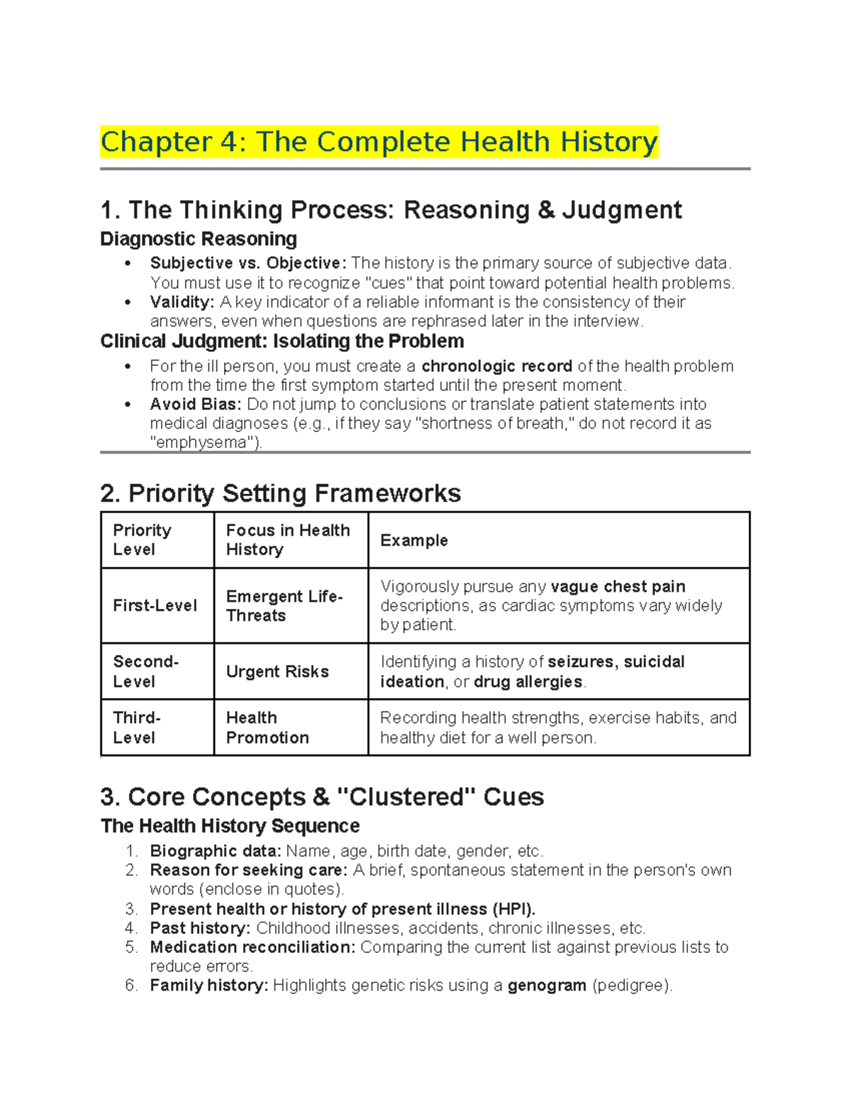 Ch 4: The Complete Health History - Key Concepts & Clinical Judgment ...