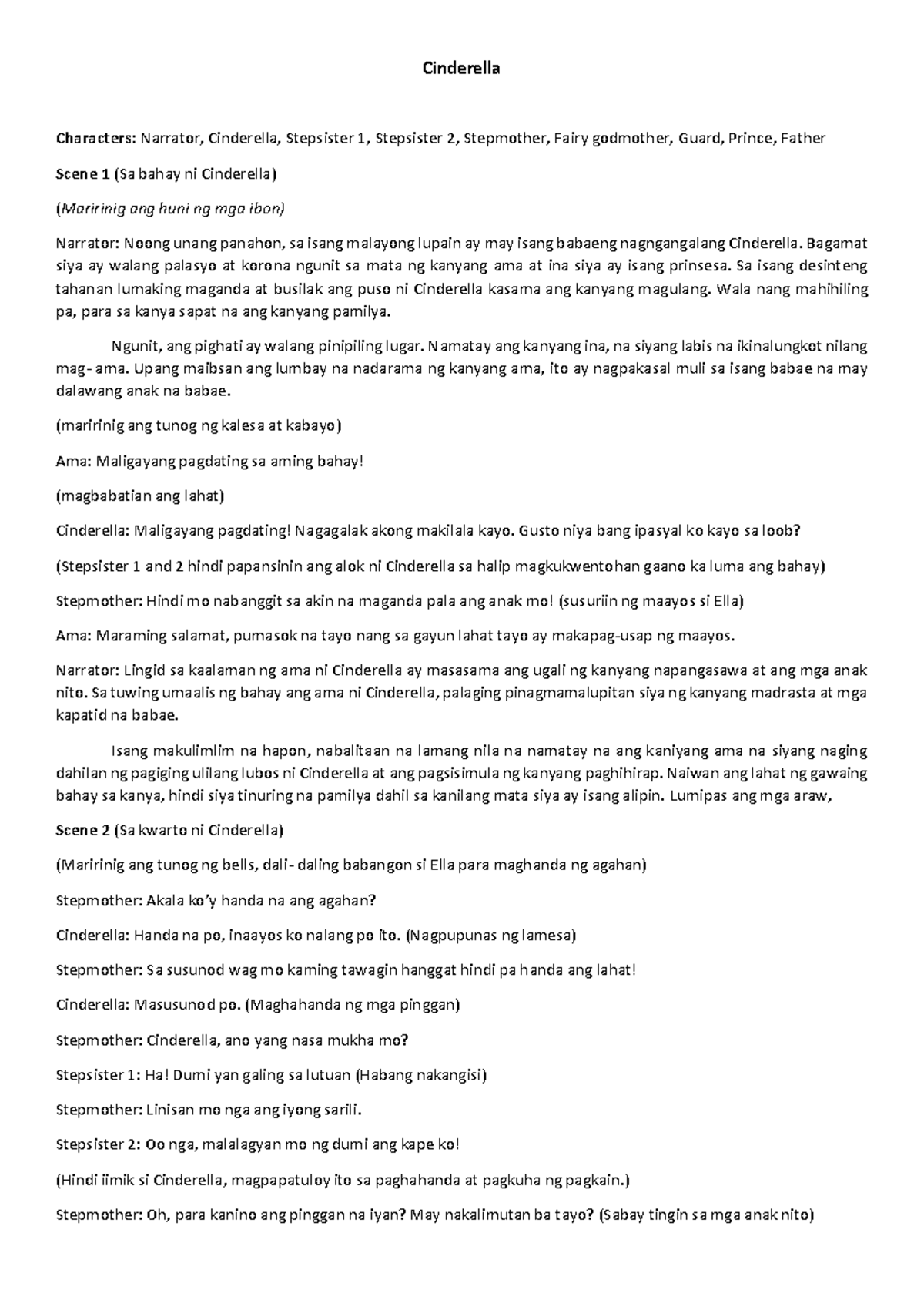 Mga Tauhan at Eksena sa Kwento ni Cinderella: Isang Pagsusuri - Studocu
