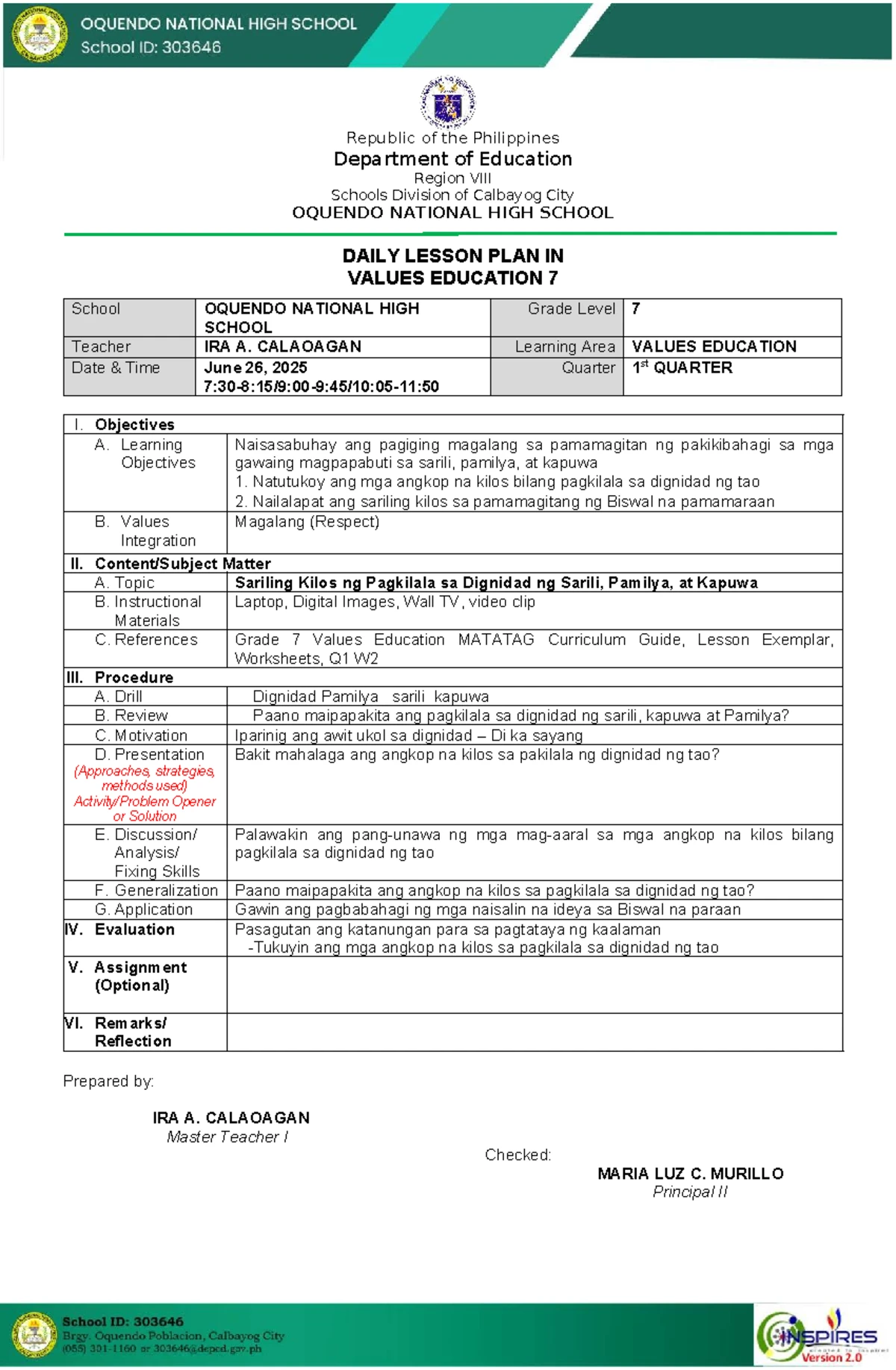 VE7 Q1: Daily Lesson Plan in Values Education 7 (June 19, 2025) - Studocu