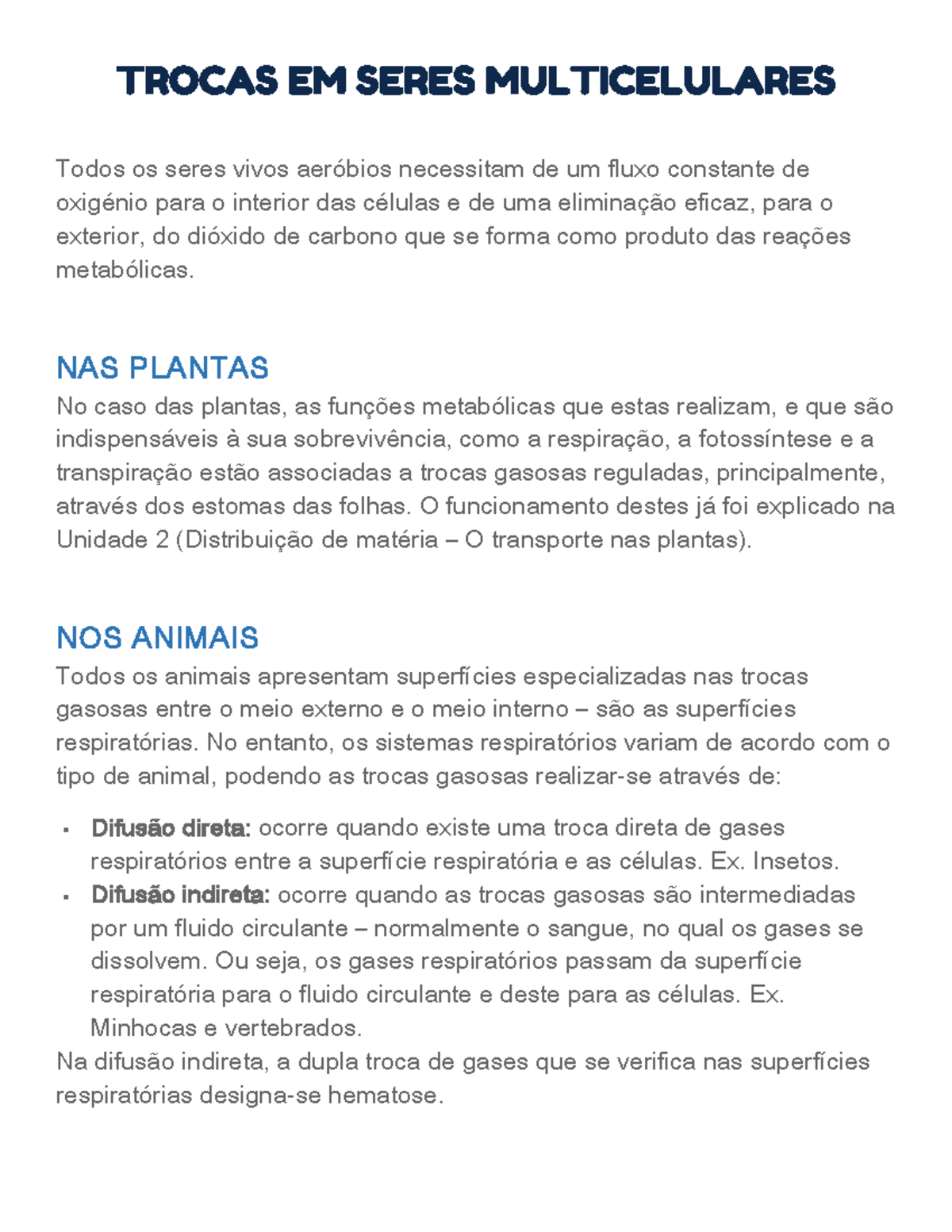Trocas gasosas em seres multicelulares - TROCAS EM SERES MULTICELULARES ...