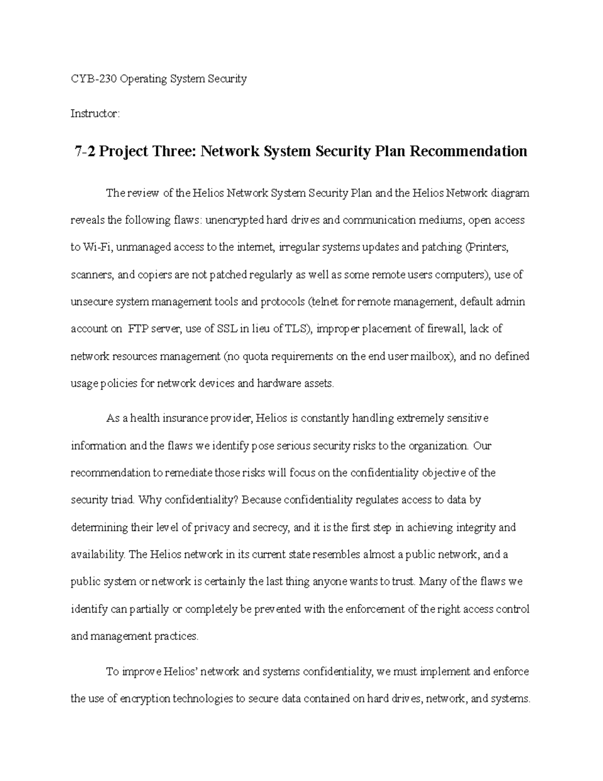 CYB 230 Module 7-2 Project Three: Security Recommendations for Helios ...