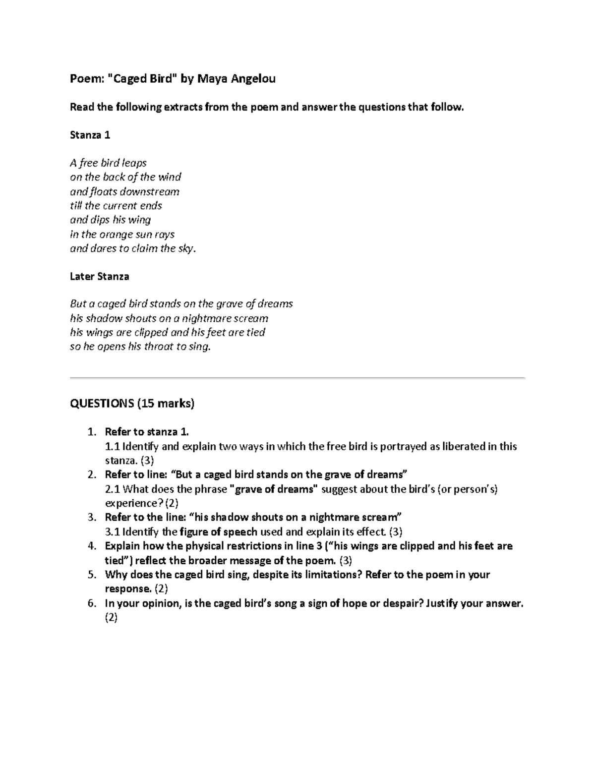 Caged Bird Poem Analysis: Contextual Questions & Answers - Studocu