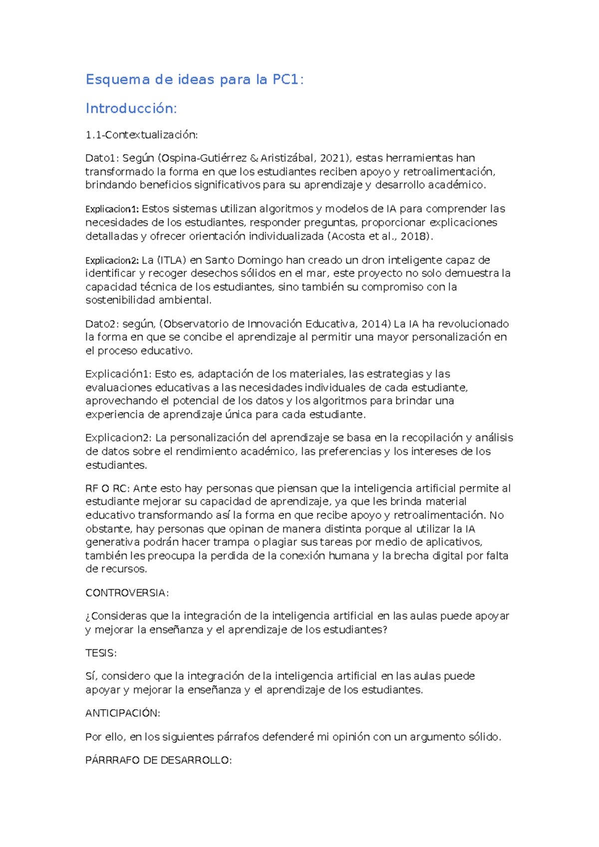 Esquema de Ideas para la PC1: Integración de IA en la Educación - Studocu