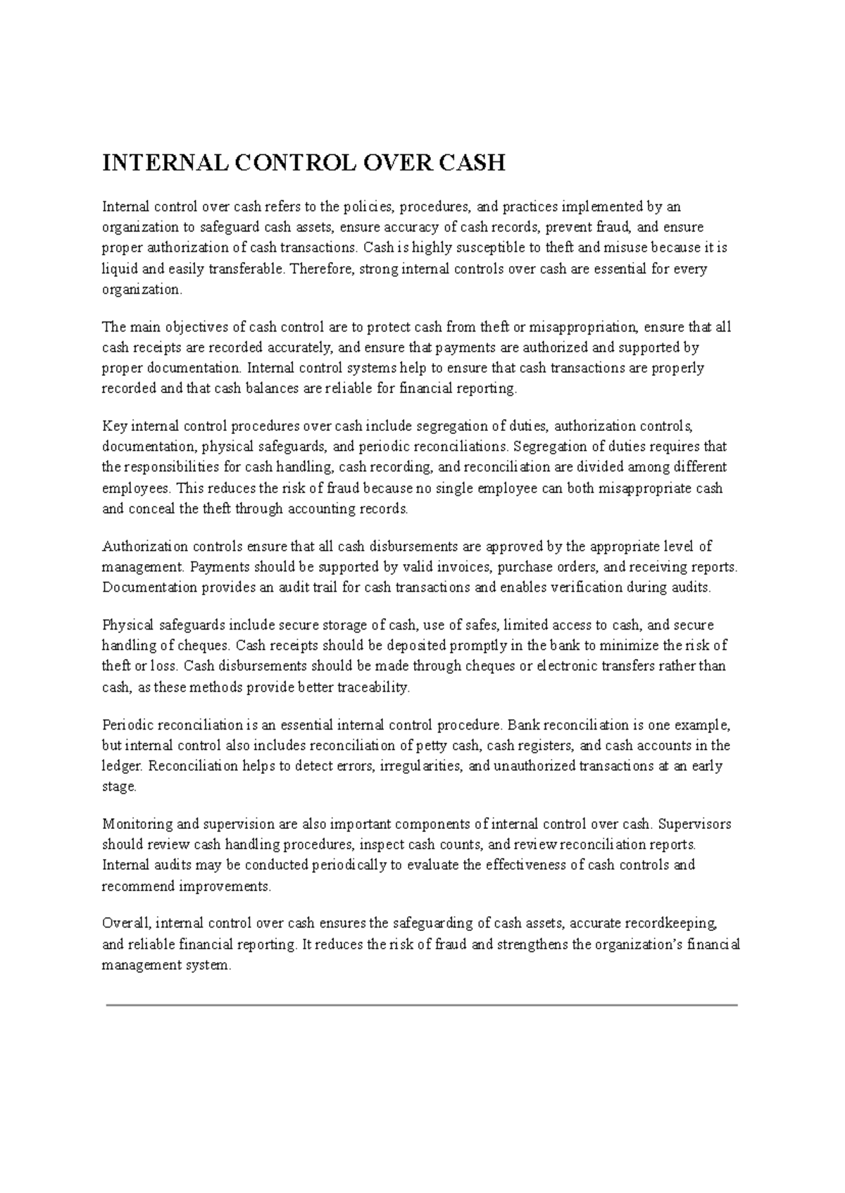 INTERNAL CONTROL OVER CASH: Imprest Fund - Lecture Notes - Studocu