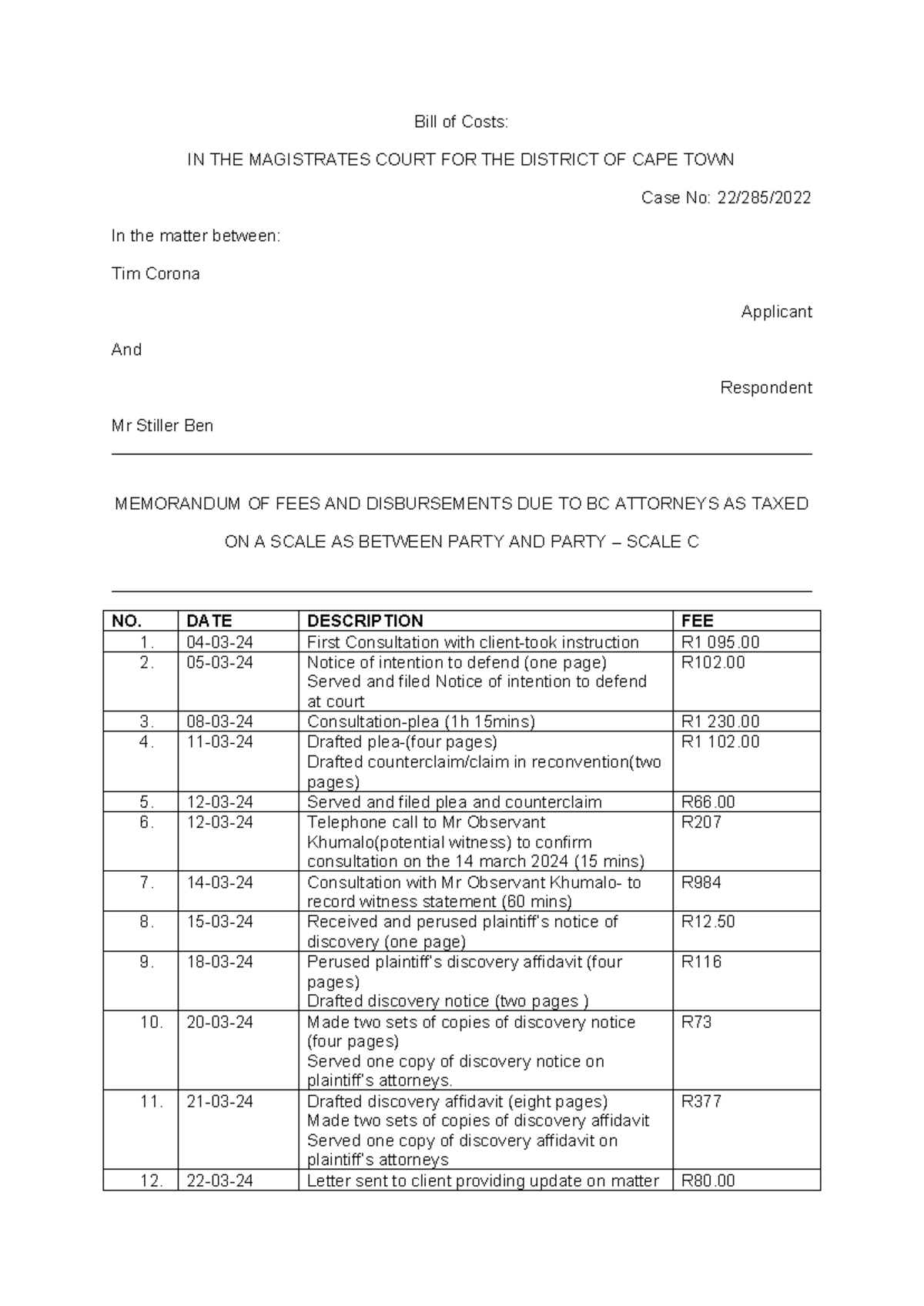 Bill of Costs: Magistrates Court Case No. - Tim Corona vs. Mr. Stiller ...