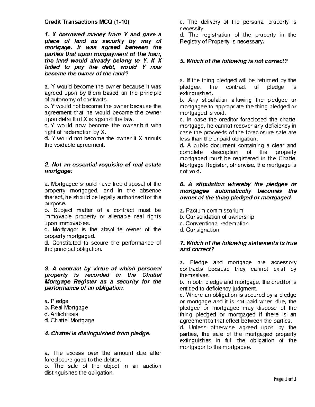 Pdfcoffee - Bsa - Page 1 of 3 Credit Transactions MCQ (1-10) 1. X borrowed money from Y and gave ...