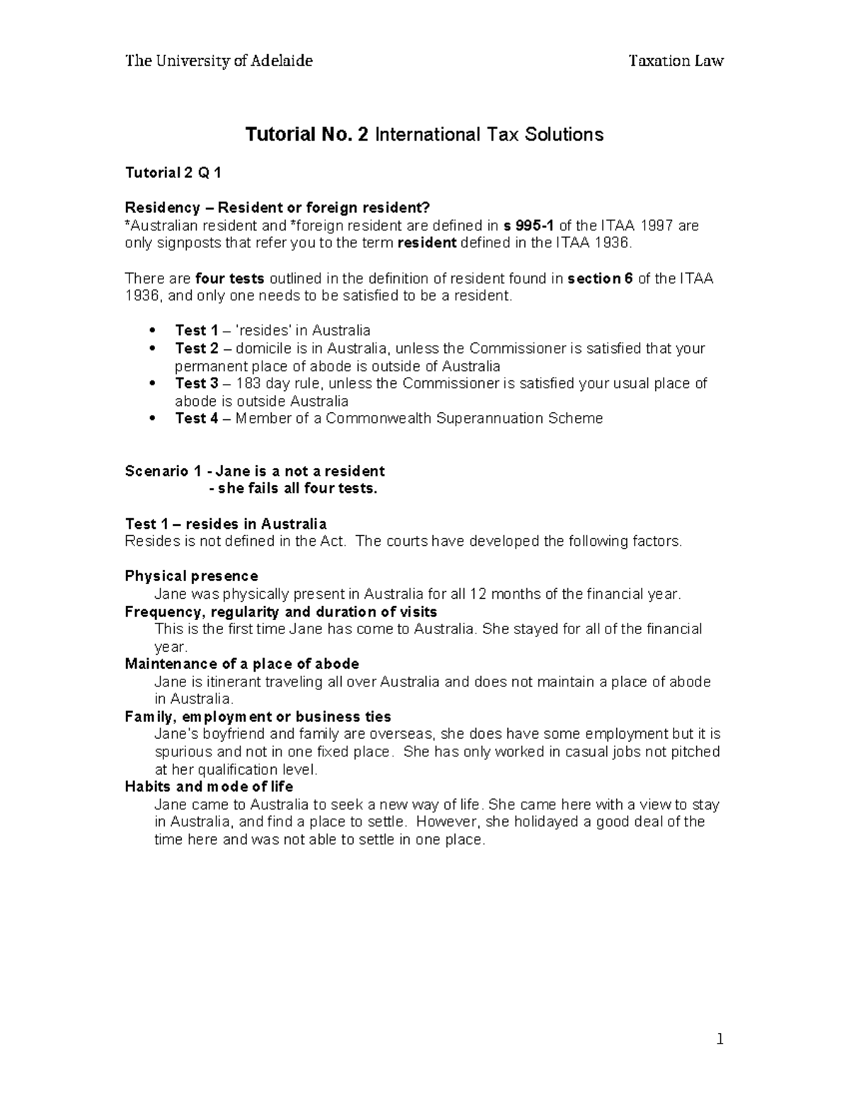The University of Adelaide Taxation Law Tutorial 2: Residency Analysis ...