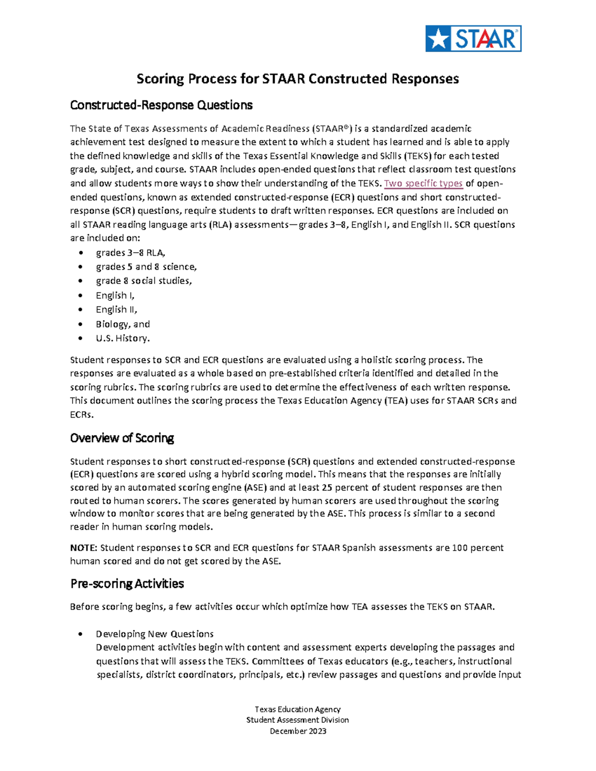 STAAR Constructed Response Scoring Process Overview for Educators - Studocu