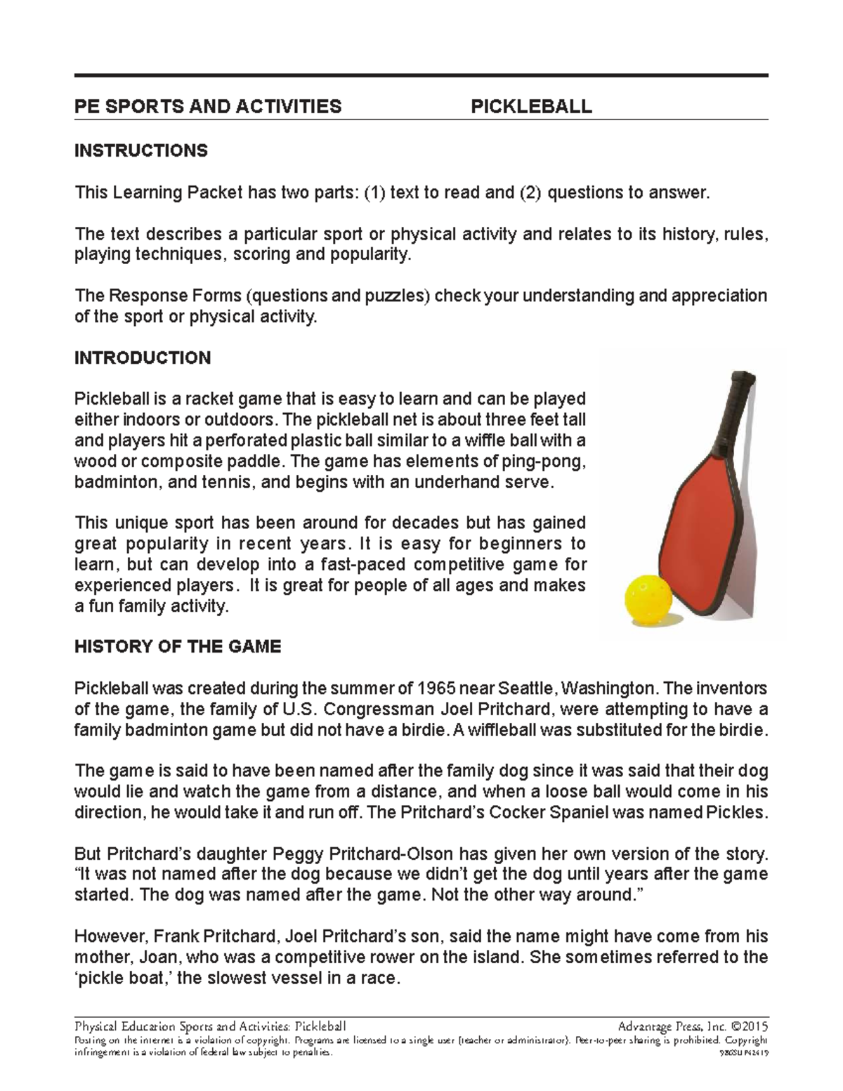 PE 986SUP42419 SPORTS & ACTIVITIES: Pickleball Learning Packet - Studocu