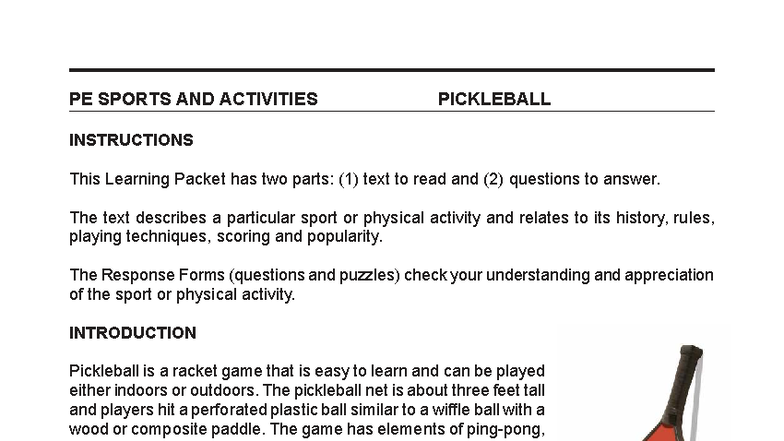PE 986SUP42419 SPORTS & ACTIVITIES: Pickleball Learning Packet - Studocu