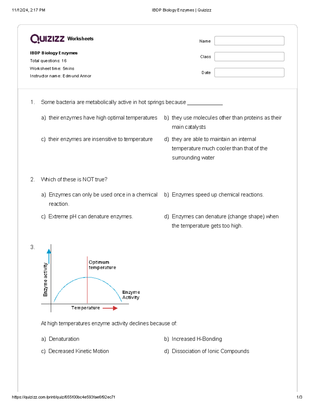 IBDP Biology Enzymes Worksheet: 16 Questions on Enzymatic Functions ...