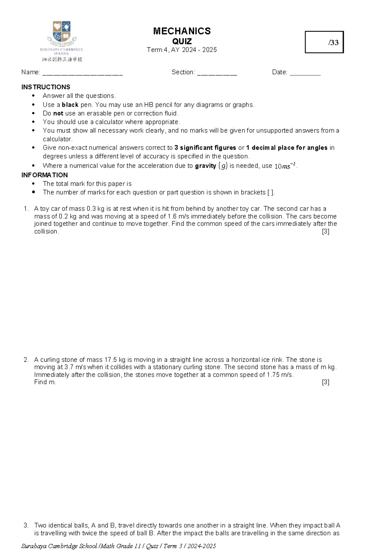 MECHANICS QUIZ Term 4, AY 2024-2025: Chapter 7 Answer Key - Studocu