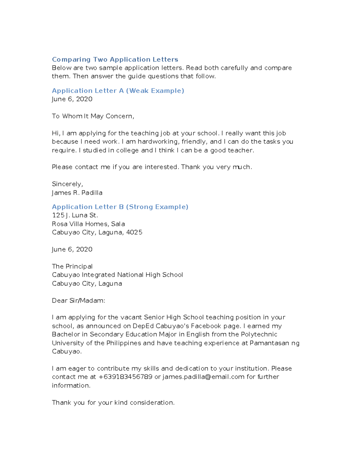 Comparing Application Letters: A Study Guide - Studocu