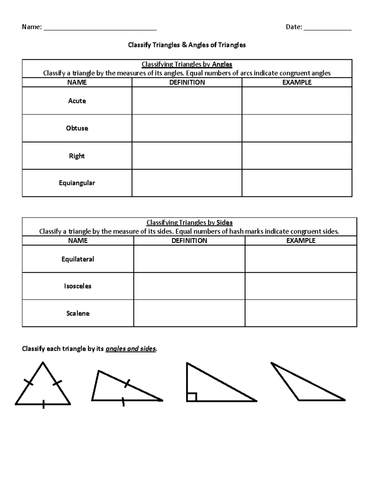 Classifing Triangles, Interior and Exterior Angle Sum Notes - Name