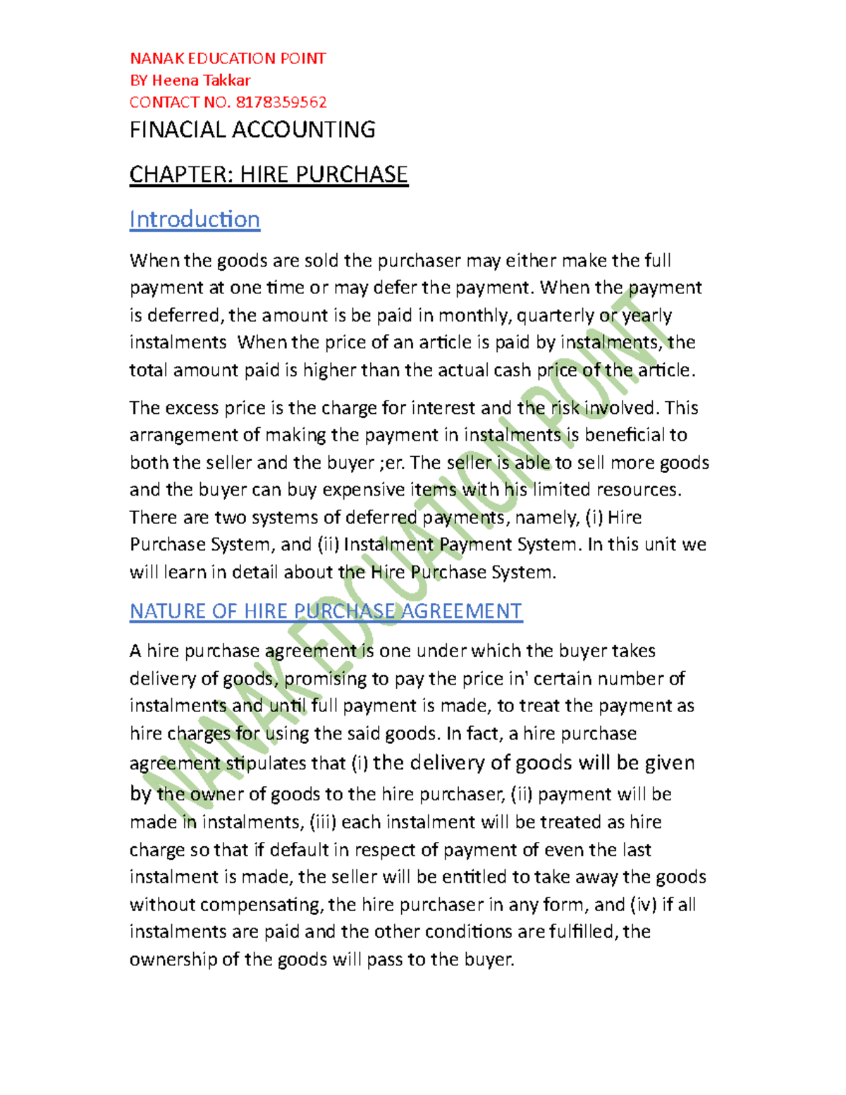 Hire Purchase System: Financial Accounting Notes (FINC 101) - Studocu