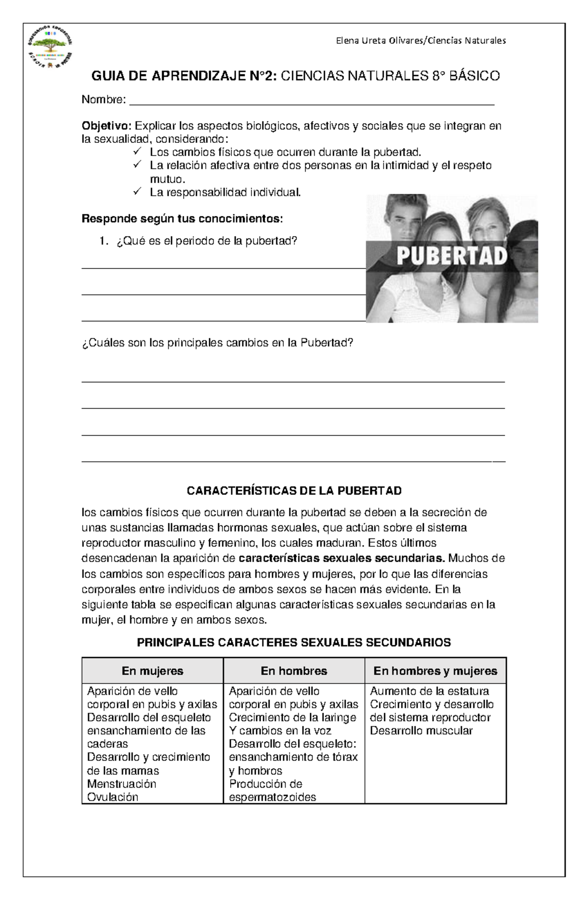 8° Ciencias 2 - Tabla Comparativa: Características de la Pubertad y ...