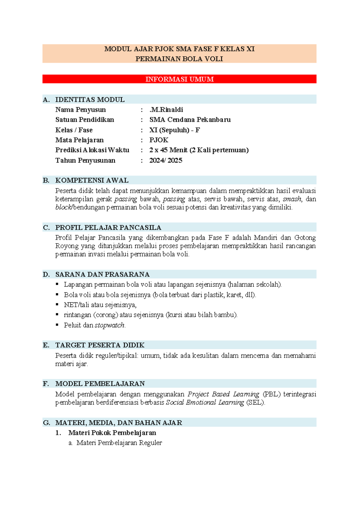 Modul Ajar PJOK Kelas XI: Permainan Bola Voli dan Keterampilan Gerak - Studocu