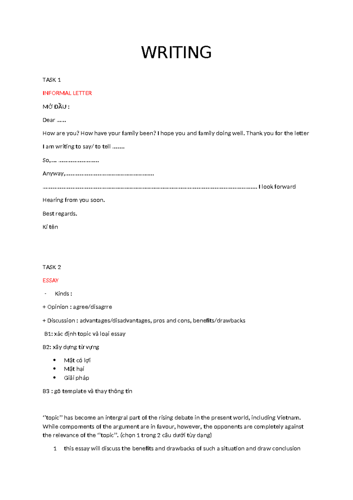 WRITING TASK 1 & 2: INFORMAL LETTER & ESSAY NOTES - Studocu