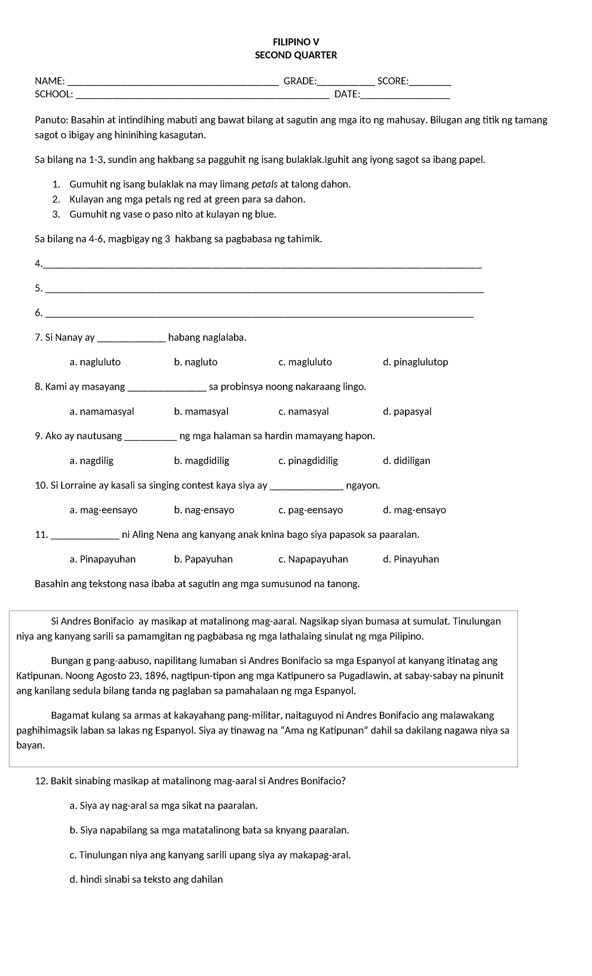 PT Filipino 5 Q2 - Detailed Lesson Plan for Activities and Assessments ...