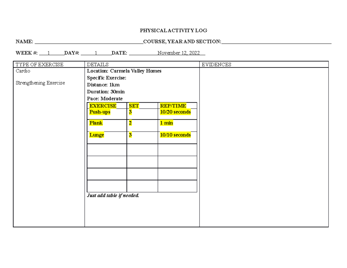 Physical- Activity-LOG - NAME: COURSE, YEAR AND SECTION: WEEK #: 1 DAY ...